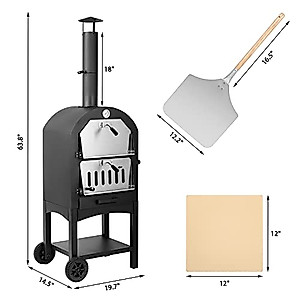 Xilingol Outdoor Pizza Oven, Wood Fired Pizza Oven for Outside, Large Pizza Ovens with 4 Steel Pizza Grills, 2 Removable Wheels, 12" Pizza Stone, Pizza Spatula, Waterproof Cover for Patio Backyard