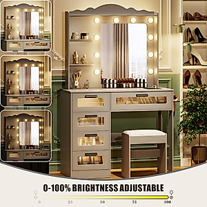 HWB Makeup Vanity Desk with Mirror and Lights,Vanity Table with 5 Drawers&2 Shelves,Vanity Set for Bedroom,Dressing Table with 10 Light Bulbs,Desk Vanity with USB Port&Human Sensor Design,Grey