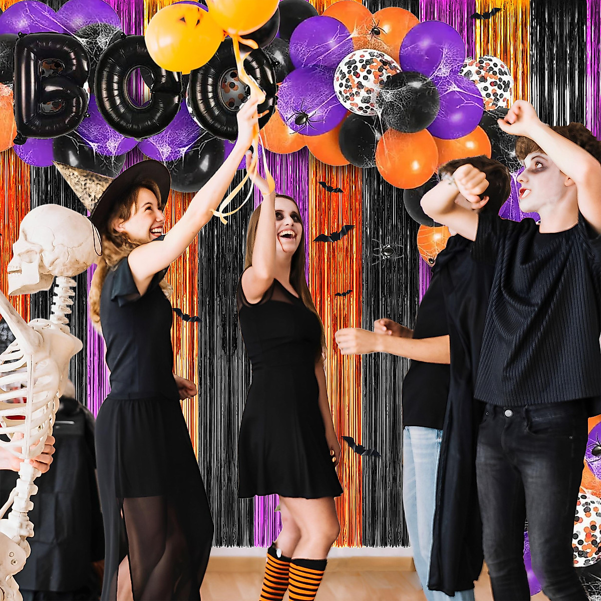 algpty 3 Pack Halloween Foil Curtains Backdrop with 16 Pcs Halloween Bats, 3.3 x 6.6FT Orange Purple Black Metallic Tinsel Foil Fringe Curtains Halloween Party Photo Booth Props Halloween Decor Indoor