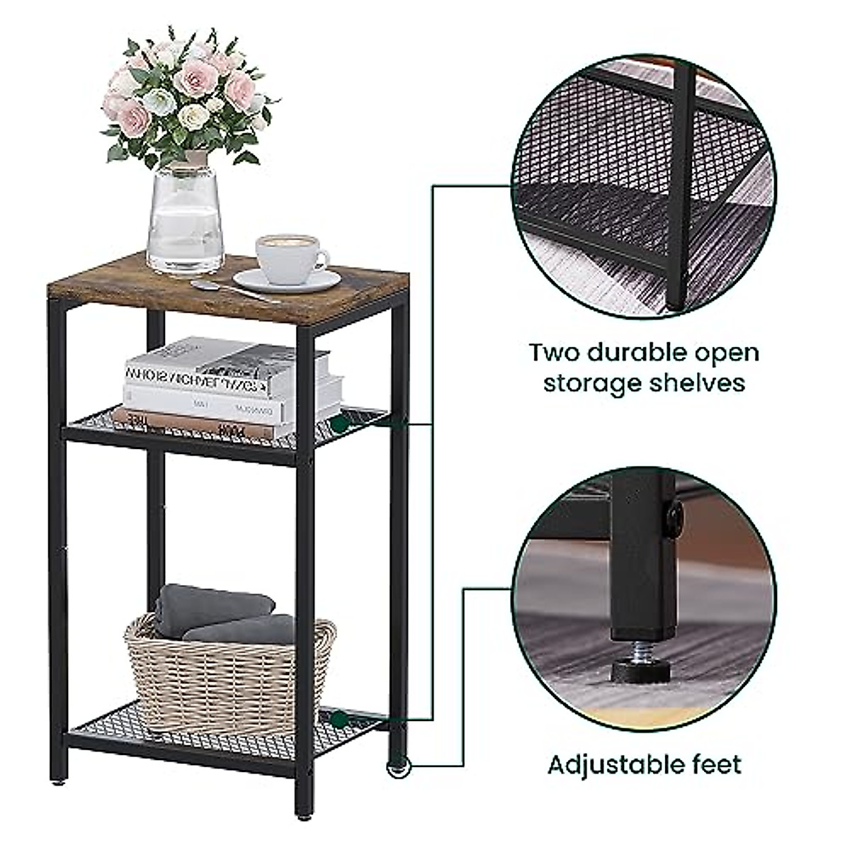 Yifeel Side Table Set of 2, 3 Tier End Table with Storage, Tall Telephone Table, Night Stand for Small Spaces, Sturdy Metal Frame, Living Room, Bedroom, Rustic Brown and Black JET001NSR2