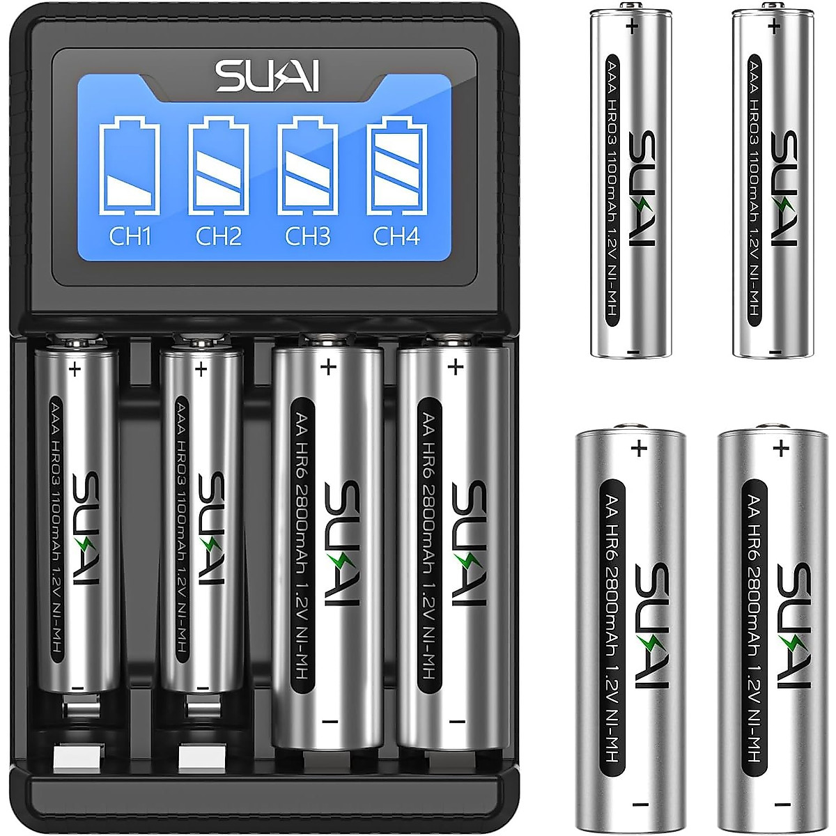 SUKAI 4 Bay AA AAA Battery Charger, USB High-Speed Charging, Independent Slot, for Ni-MH Ni-CD Rechargeable AA AAA Batteries, No Adapter