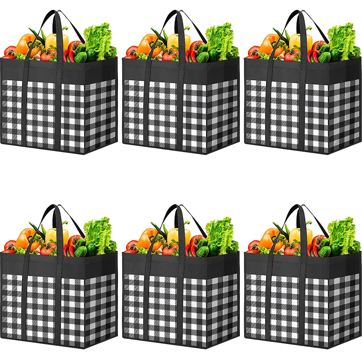 WOWBOX Reusable Grocery Bags,6-Pack, Foldable Reusable Shopping Tote Bags bulk with Reinforced Handles,Large Storage Bags with Water Resistant Coating for Groceries,Multipurpose,Black-White