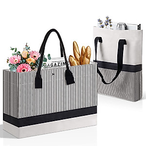 GARPROVM 2PCS Canvas Tote Bag, Initial Bag Canvas Bags Beach Bag Reusable 16oz Canva Shopping Bag, Birthday Holiday Party Christmas Gift, for Mother Teacher Women Friends Bridesmaids, Pinstripes