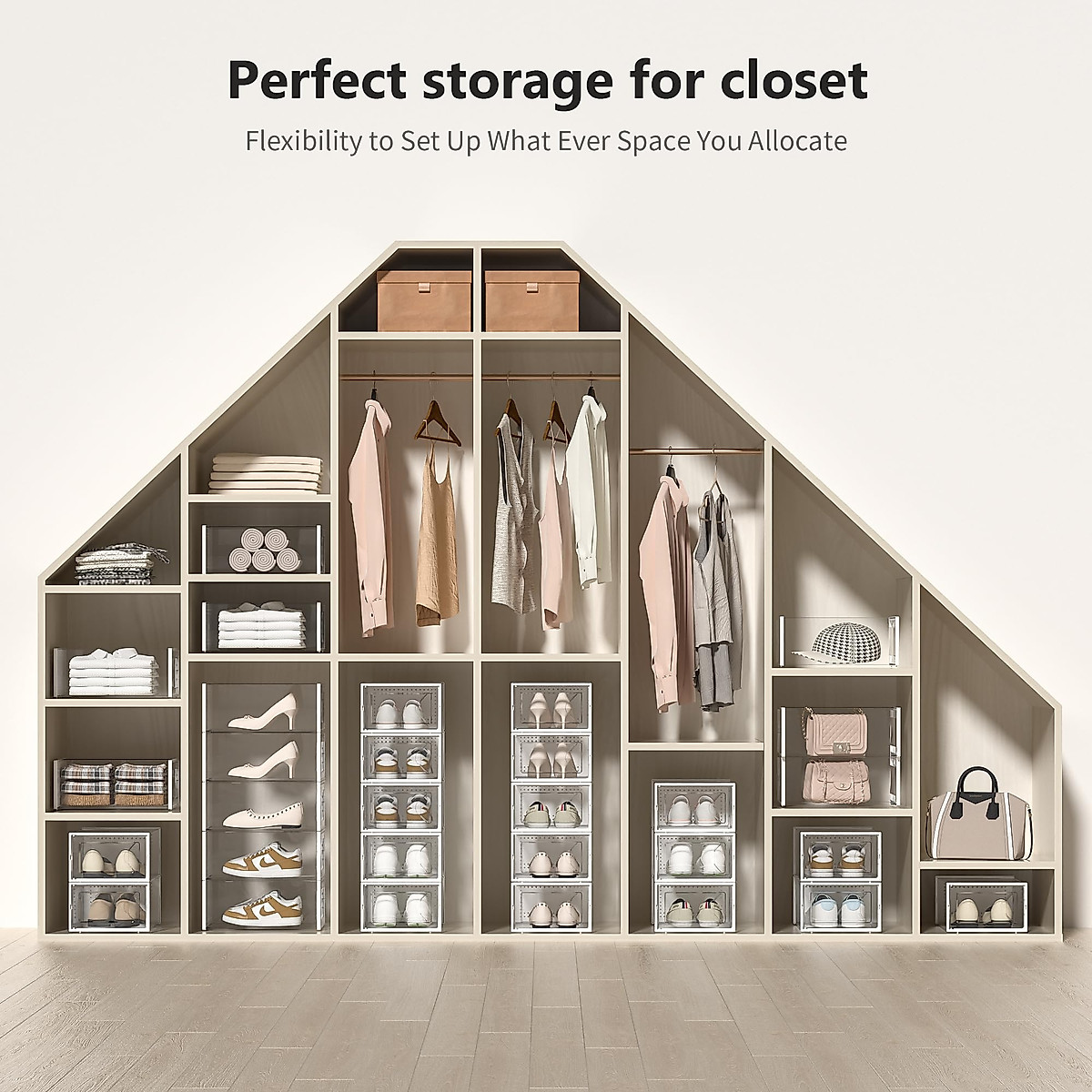 Kuject Large Crystal Clear Shoe Storage Box, Stackable Shoe Organizer for Closet, Space Saving Sneaker Shoe Container Bins, Foldable Display Shoe Rack Holder for Entryway, 12 Pack