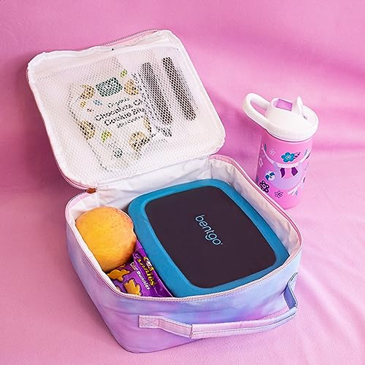 FROG SAC Kids Lunch Bag for Girls, Reusable Insulated Preppy Tie Dye Glitter Varsity Letter Patch Lunch Box, Cute Soft Back to School Tween Lunchbox