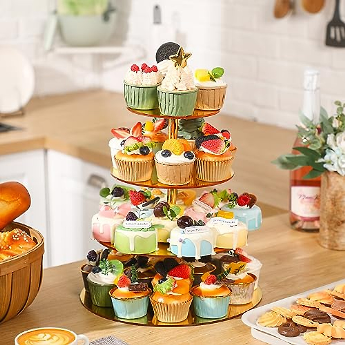 Jinei 4 Tier Gold Mirror Cupcake Stand Round Cupcake Display Holder 4 Tier Cupcake Tray for 38 Cupcakes Acrylic Cake Tower Display Dessert Stand Cup Cake for Wedding Christmas Birthday Party