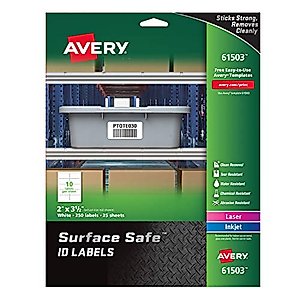 AVERY Surface Safe Durable ID Labels, Removable Adhesive, Water Resistant, 2" x 3-1/2", 250 Labels (61503), White