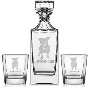Whiskey Decanter Gift Set With 2 Whiskey Old Fashioned Rocks Glasses Love-A-Bull Pitbull Love