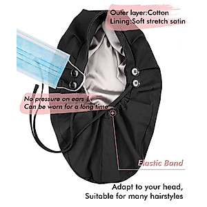 Silk Lined Work Cap with Button for Long Ponytail Hair Women Black