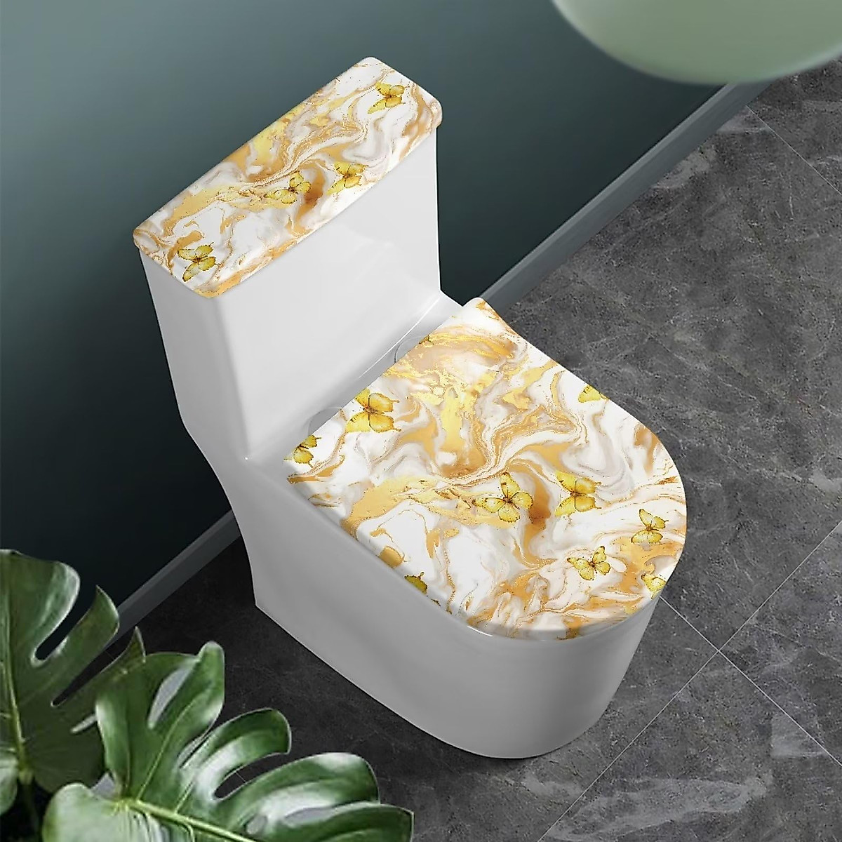 Flashideas Butterfly Marble Pattern Toilet Lid Cover and Toilet Tank Cover 2Pcs Toilet Seat Cover and Tank Lid Covers Stretch Toilet Covers Set for Bathroom Fits Most Toilet Tanks & Lids