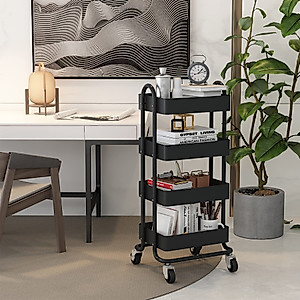 MIOCASA 4-Tier Metal Utility Rolling Cart, Heavy Duty Multifunction Cart with Lockable Casters, Easy to Assemble, Suitable for Office, Bathroom, Kitchen, Garden (Black)