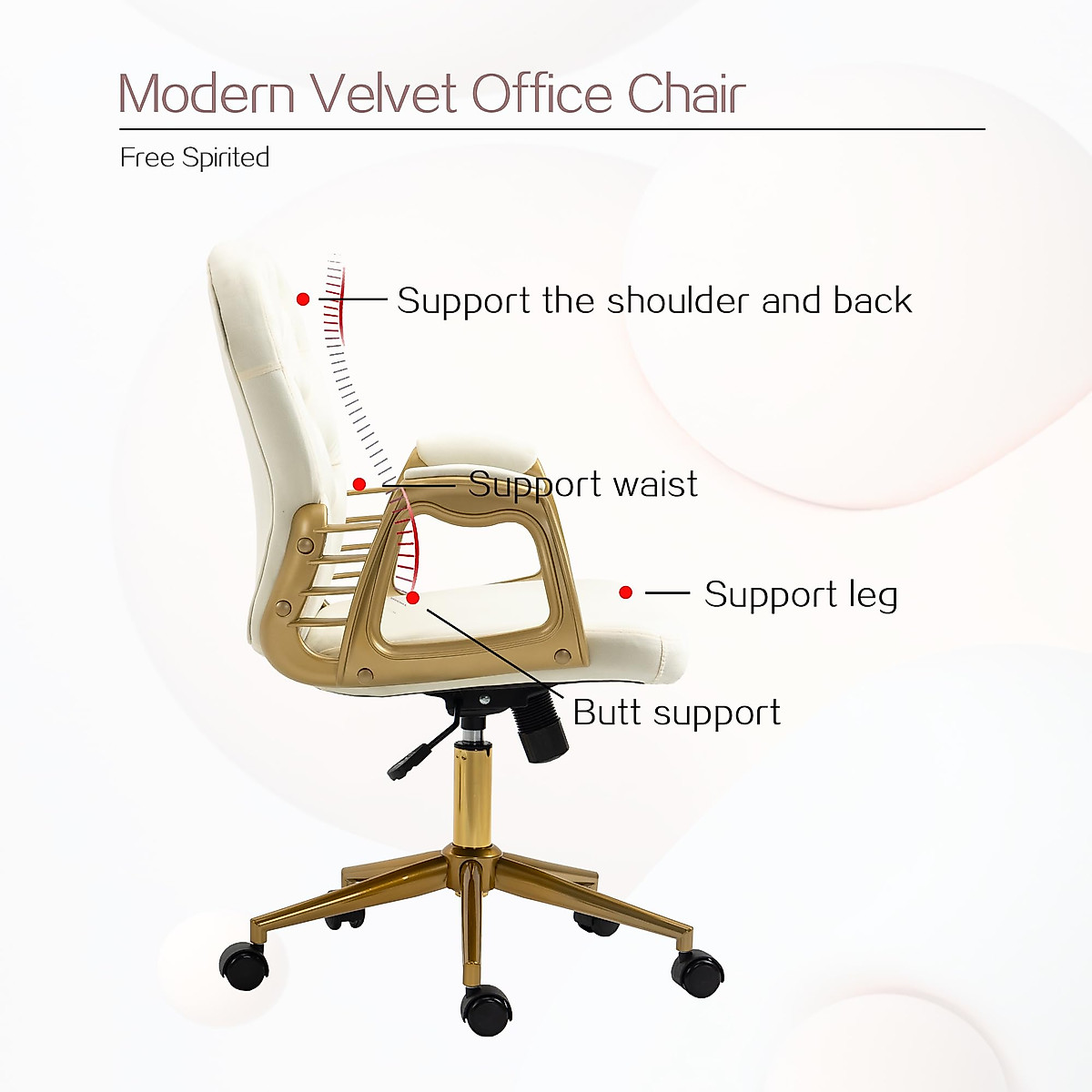 cayglow Velvet Office Desk Chair Comfy with Gold Base, Comfortable Makeup Chairs for Vanity with Back and Wheels,Button Tufted Armchair Swivel Rolling Chair,for Girls Women Study Bedroom,Beige