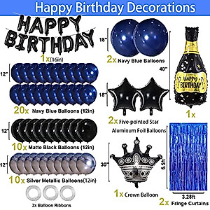 Navy Blue Black Happy Birthday Party Decorations for Men, Arch Kit for Him Her, Banner, Fringe Curtains, Beer Foil Balloons, Balloon Garland Kit, Crown for 20th 21st 22th 25th 30th 40th 50th 60th