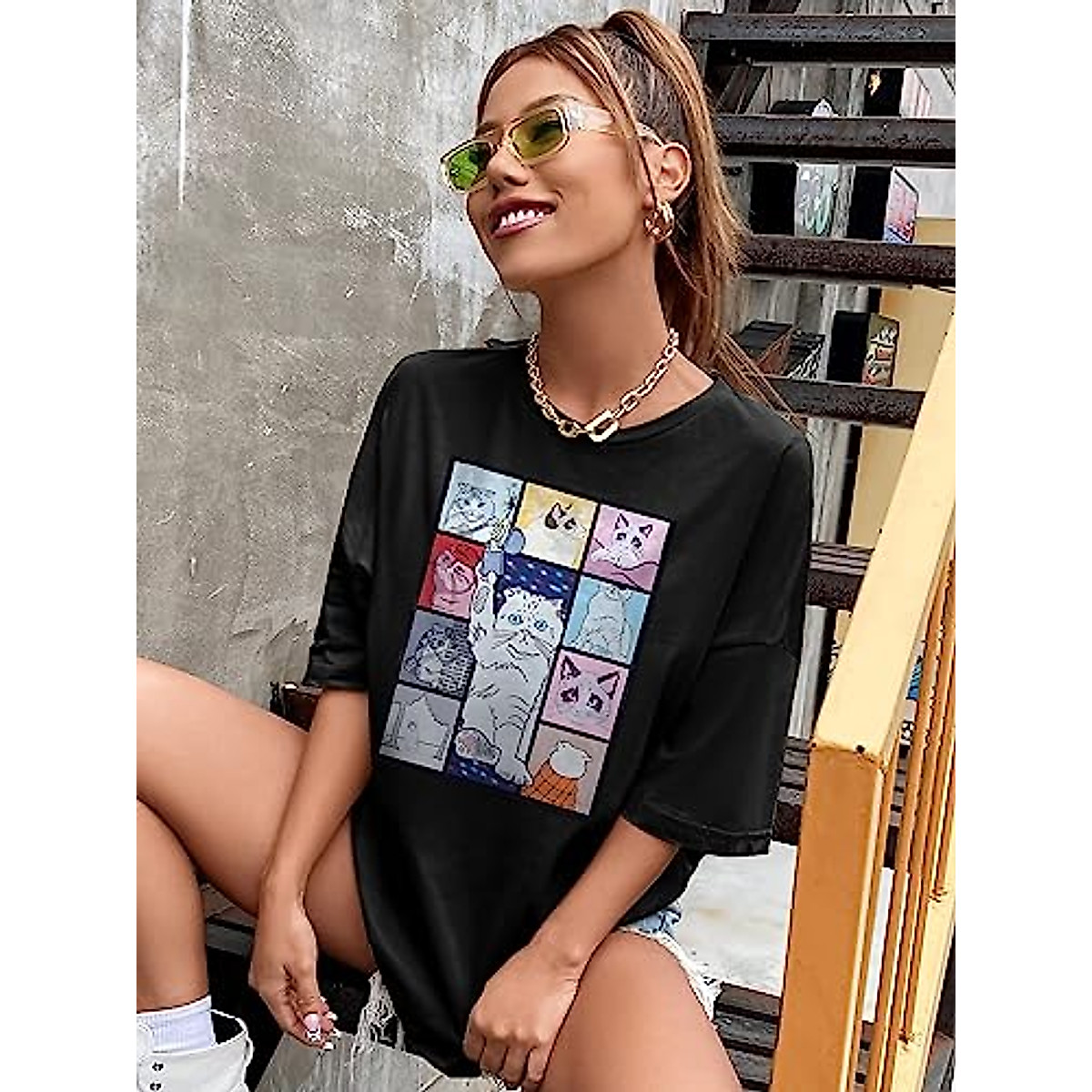 Women's Oversized T Shirts Country Music Shirts Swift Concert Outfits Funny Cat Lover Shirt Swift Fans Top Black