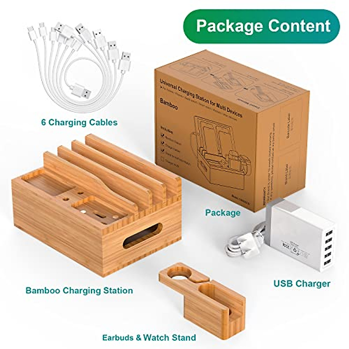 Pezin & Hulin Bamboo Charger Station for Multiple Device (Included 5 Port USB Charger, 6 Pack Charging Cables, Watch & Earbuds Stand), Desktop Electronic Organizer for Cell Phone, Tablet