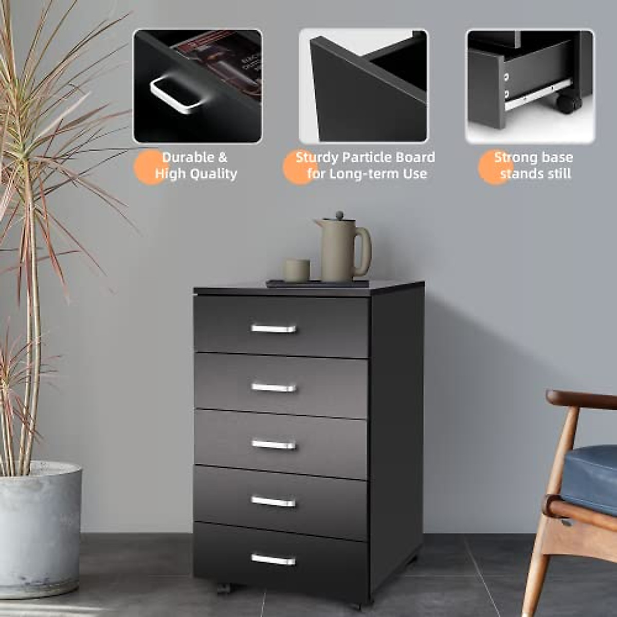 TUSY 5 Storage Drawers, Dresser with Cabinet Storage, Mobile Chest of Drawers for Bedroom,Home Office, Living Room