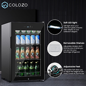 COLOZO 17 Inch Freestanding Beverage Refrigerator Cooler, 96 Cans Mini Fridge with Glass Door, Removable Shelves for Soda, Water, Beer or Wine, Small Drink Refrigerator for Home Office Bar
