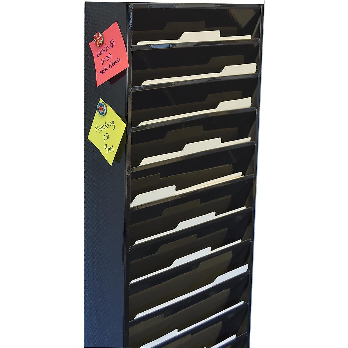 Displays2go File Folder Wall Rack with 11 Tiered Pockets, Shows Only The Top Portion of a File Folder, Office Filing Rack for Wall Mount - Black Powder-Coated Steel