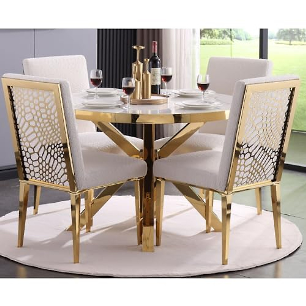 AUZ Round Dining Table, 45 inch White and Gold Table with Gorgeous Polished Stainless Steel Circle Trim and Cross Legs