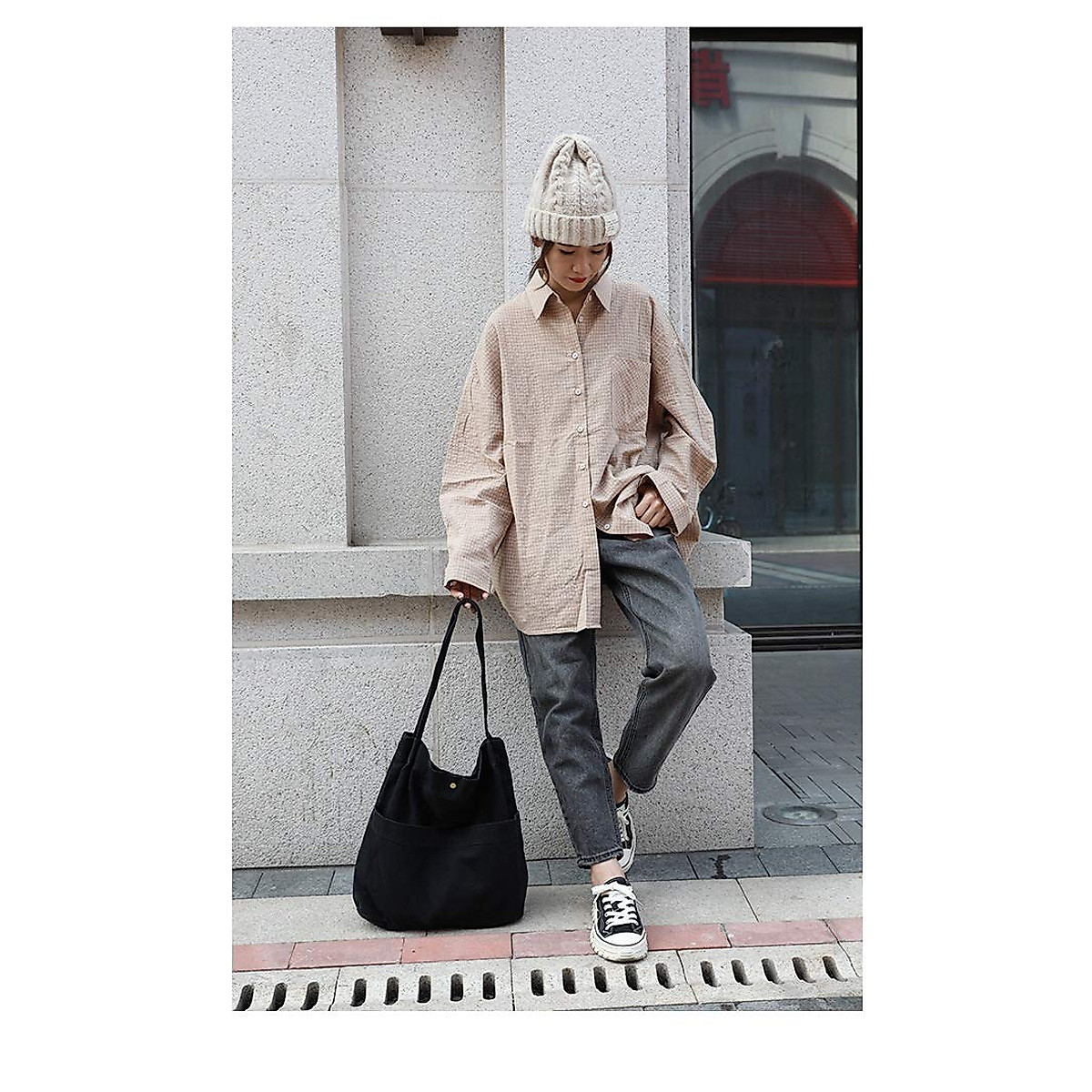 Jeelow Washed Canvas Market Tote Handbag Shoulder Bucket Bag Purse With Pockets For Men & Women