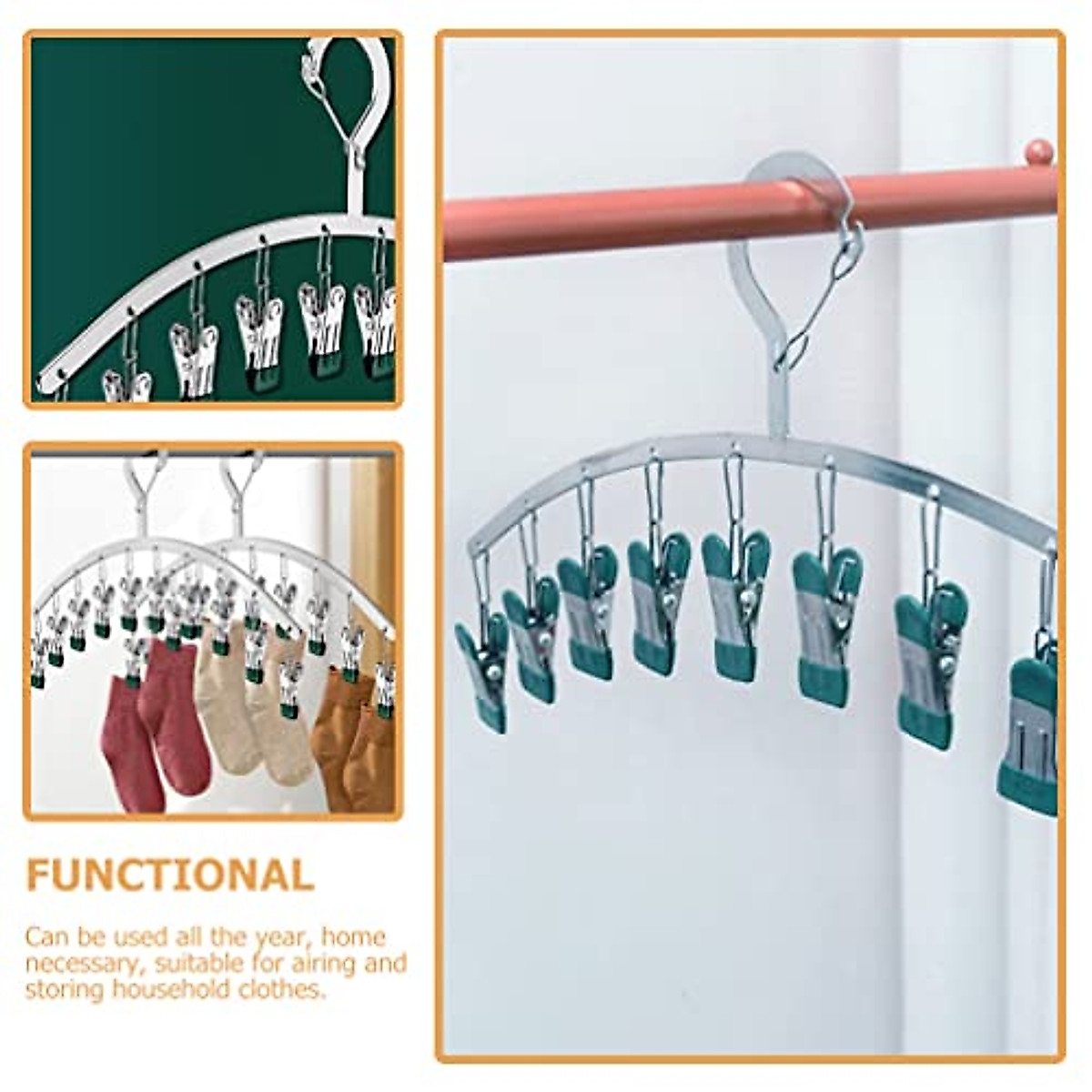 Alipis Metal Hangers Laundry Drying Rack Stainless Steel Sock Dryer Hanger with 10 Clips Windproof Underwear Drip Hangers for Baby Clothes Bras Hat Towels Diapers Hat Hanger(Hook Style Random)