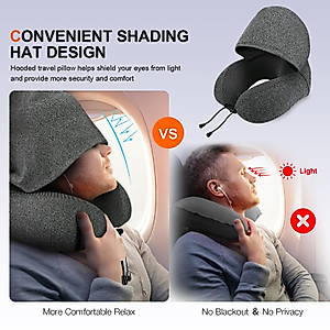 Cirorld Neck Pillow for Travel, Memory Foam Travel Pillow with Hood, Adult Airplane Pillow for Head Rest Neck Support, Portable Pillow for Office Cars Trains Long Flights Sleeping (Deep Grey)
