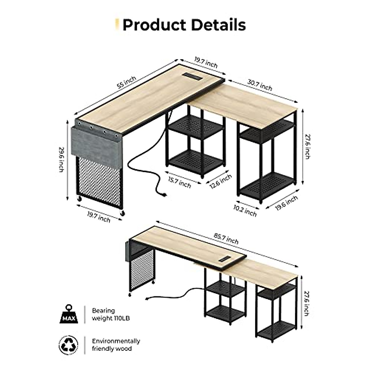 55" L Shaped Computer Desk with Power Outlets for Home Office Desks, Wooden Gaming Desk with Storage Shelves/Bag, Modern Simple Corner Desk for Small Space Student Study Writing L Shaped Desk, Oak