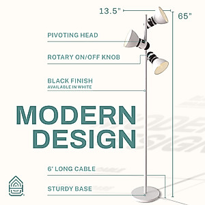 3 Light Floor Lamp Adjustable Standing Lamp for Living Room, Bedroom and Office, 60W Bright Spotlight Lighting - Rotating Swivel Corner Light for Reading, Modern Tree Lamps (White)