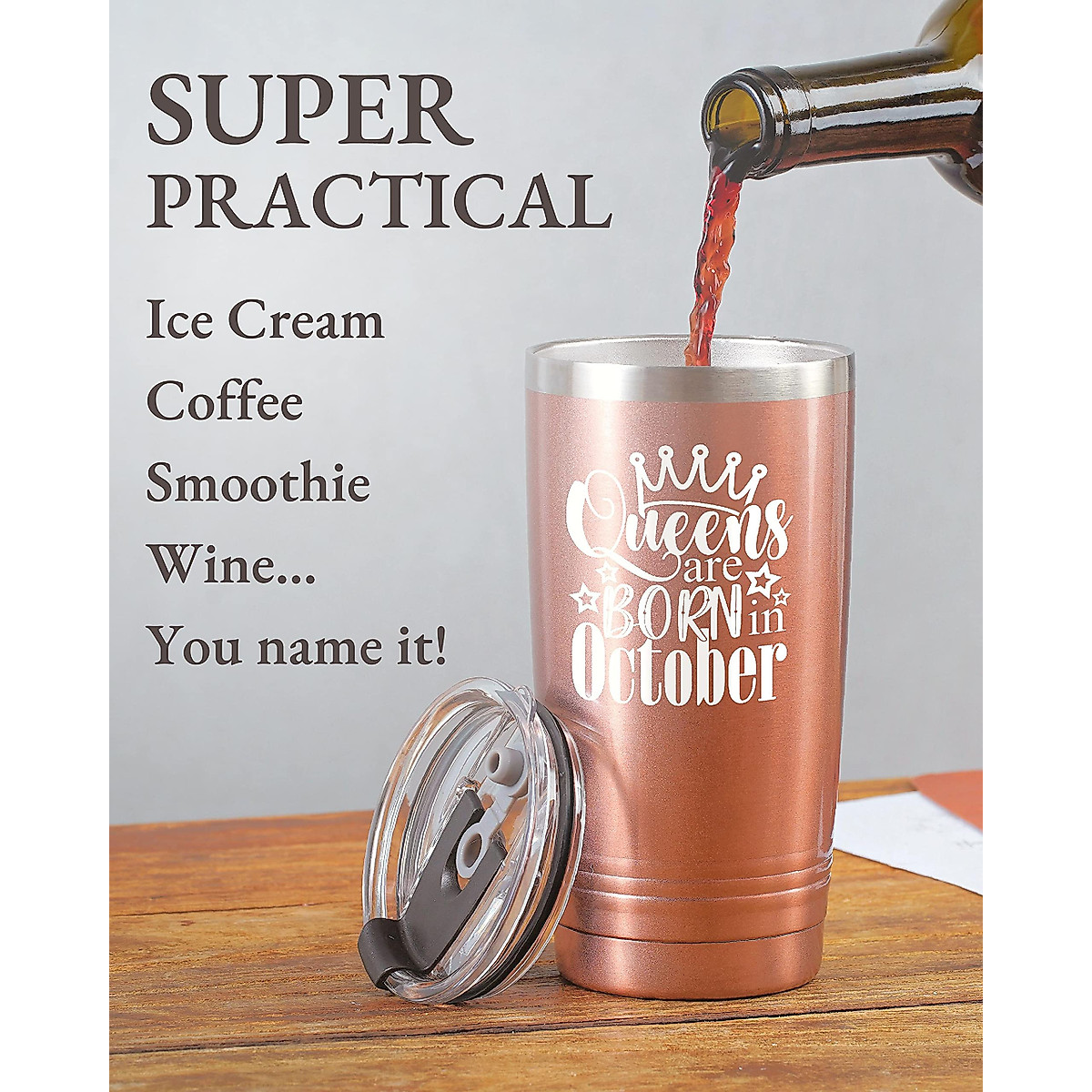 Onebttl Happy Birthday Tumbler for Women, Funny Birthday Gifts for Her, Girlfriend, Friends, Mom, Daughter, Sister, 20 oz Insulated Cup with Lid, Queens are Born in October, Rose Gold