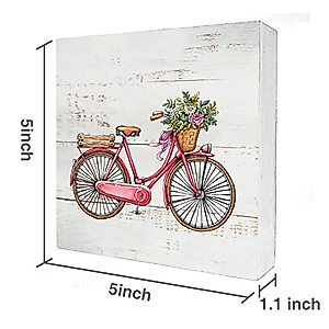 Bicycle and Flowers Spring Wood Box Sign Home Decor Rustic Spring Wooden Box Sign Block Plaque for Wall Tabletop Desk Home Decoration