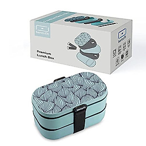 Bentofit Premium Bento Box Adult Lunch Box - 45oz 2-Compartment Container with Cutlery & Sauce Holder for Convenient On-the-Go Meals, Microwavable (Wathet Blue)