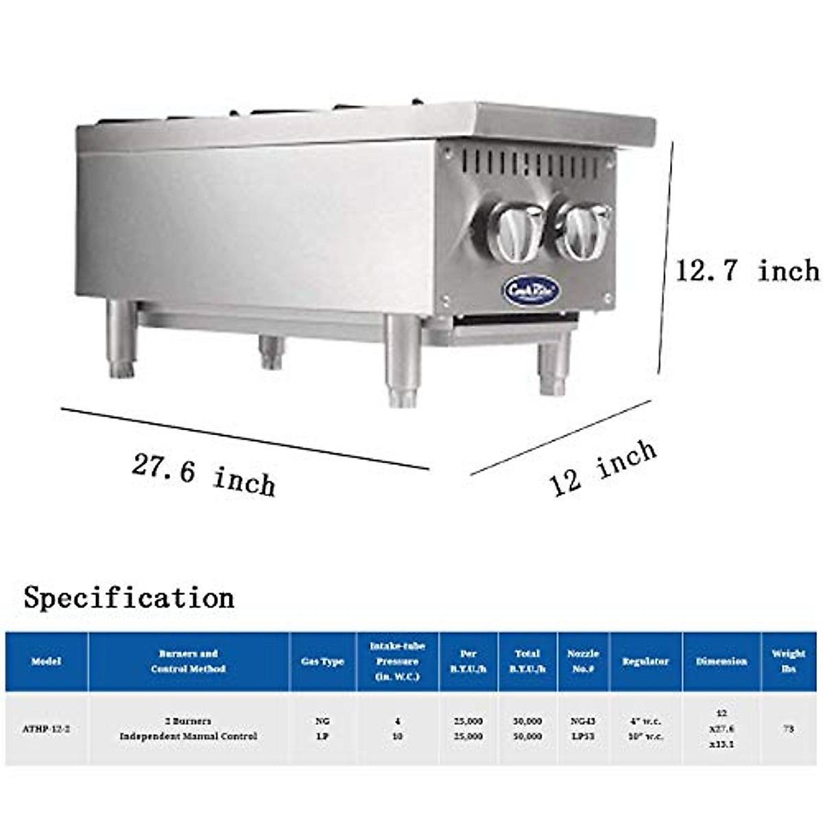 ATOSA US Two Burner Commercial Hot Plate Countertop Stove Outdoor Camping Double Portable Cooktop Propane Burner Restaurant Equipment ATHP-12-2 HD 12"-50,000 BTU