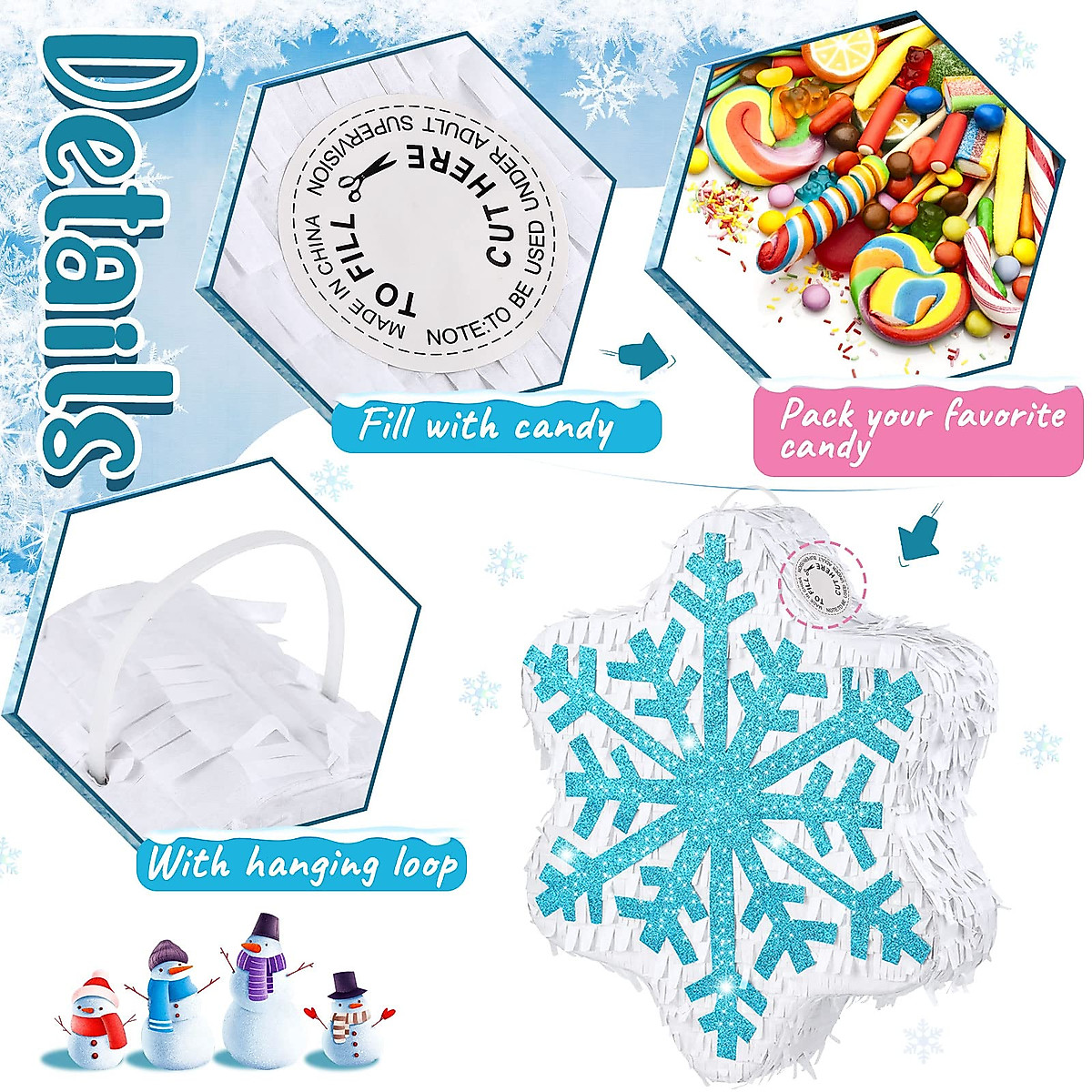 Deekin Snowflake Piñata Christmas Winter Piñata Pull String Blue Snowflake Decors for Winter Theme Party Birthday Party Game Supply for Christmas Party Decorations