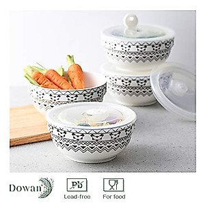 DOWAN Porcelain Bowls with Vented Lid, 30oz Cereal Soup Bowl, Ceramic Bowl Set, Ceramic Bowl With Lid, Prep Bowls for Kitchen, Modern Bohemian Bowl for Oatmeal, Rice, Pasta, Salad, Set of 4