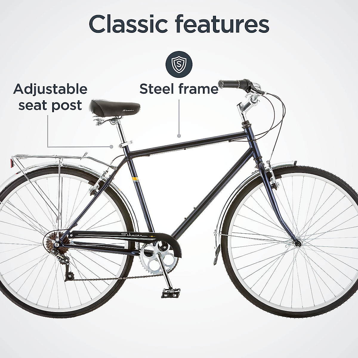 Schwinn Wayfarer Adult Hybrid Bike, Mens and Womens, 18-Inch/Medium Steel Step-Over Frame, 7-Speed Drivetrain, Rear Rack, 700C Wheels, Blue