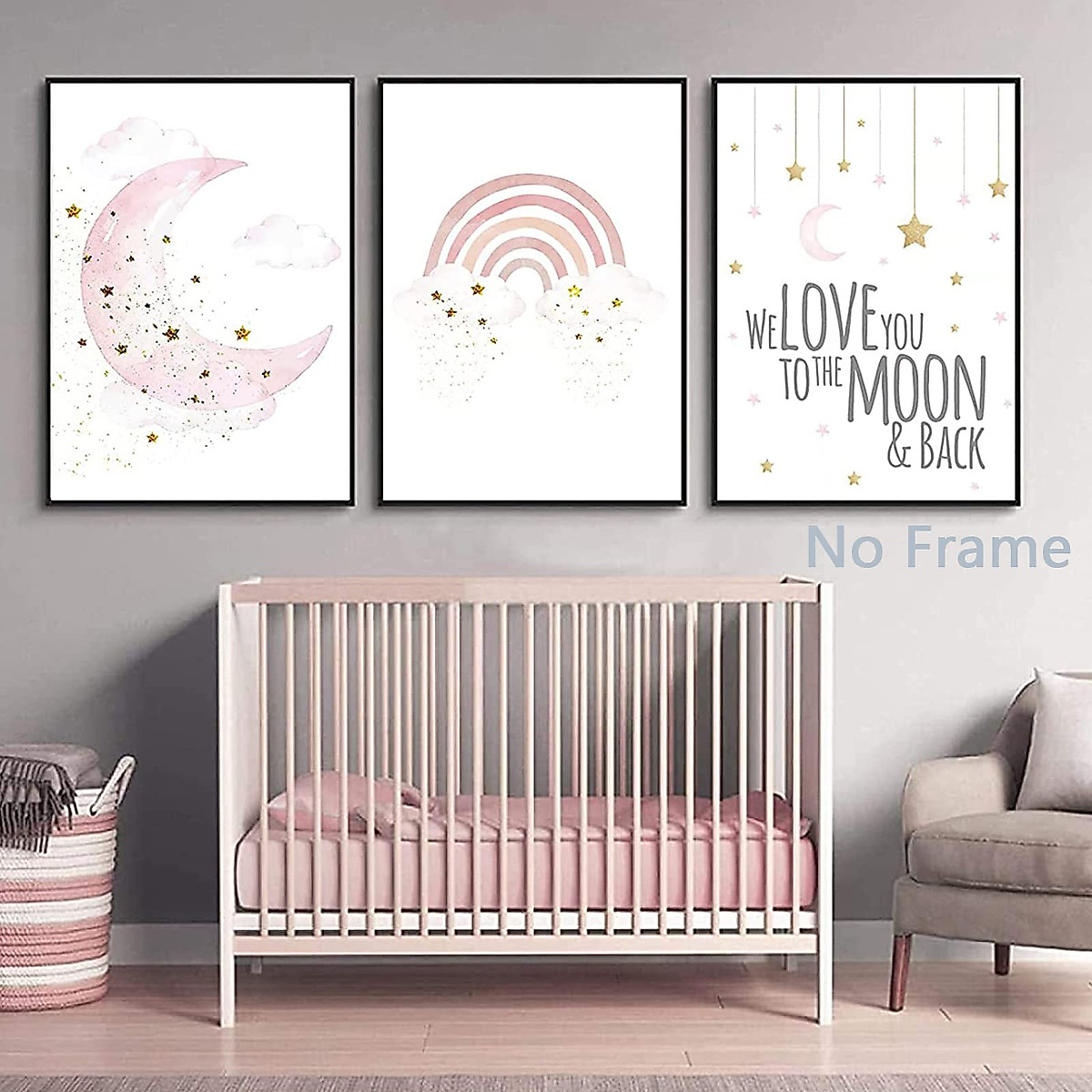 Bfgsrtcbox Pink Star Wall Art Moon Rainbow Pictures and Stars Canvas Decor Cloud Nursery Picture Girl Baby Room Painting 12x16inchx3pcs No Frame