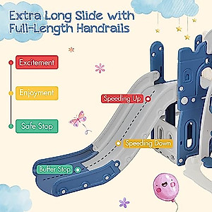 Virubi 5-in-1 Slide with Swing Set, Freestanding Baby Slide Set with Climber, Basketball Hoop and Storage Space, Slide & Swing Playset for Toddlers Age 1+ Outdoor Indoor Playground (Blue & White)