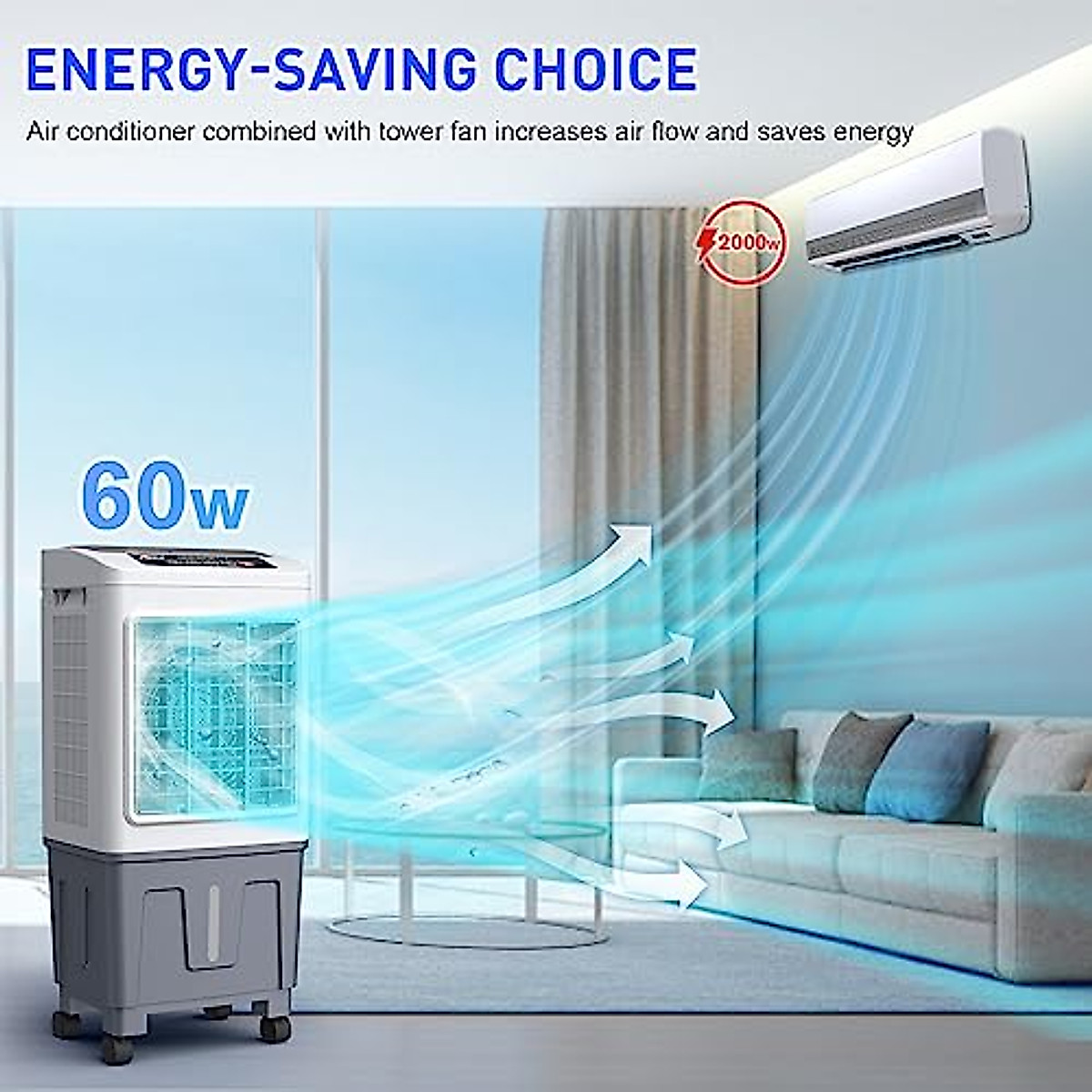 ALPACA Portable Evaporative Air Cooler 3 in 1 Swamp Cooler with Remote Control, 5.3 Gal Water Tank, 3 Speed Cooling Fan, 4 Ice Packs, Portable Air Conditioner Auto Oscillation for Room, Home & Office