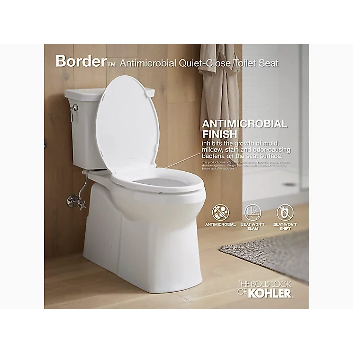 KOHLER 24495-A-0 Border ReadyLatch Elongated Toilet Seat, Quiet-Close Lid and Seat, Grip-Tight Bumpers and Installation Hardware, White