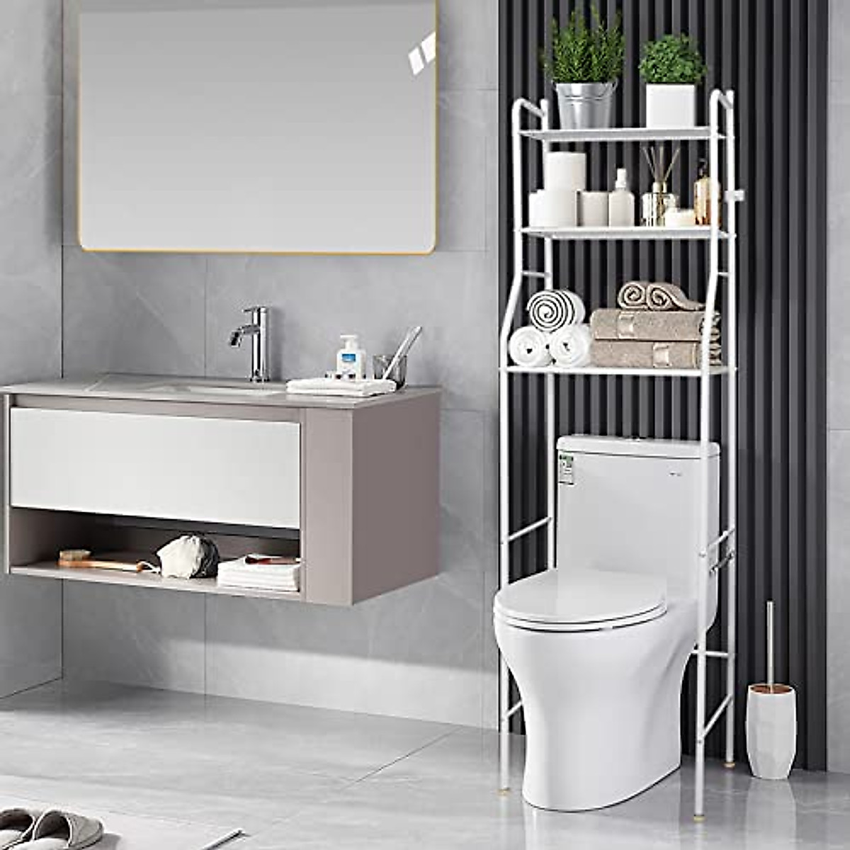 SEMOFO 3 Tier Over Toilet Bathroom Storage Organizer,Bathroom Shelves Rack Over Toilet with Metal Frame Bathroom Storage White Shelf Free Standing Organizer, Easy to Assemble
