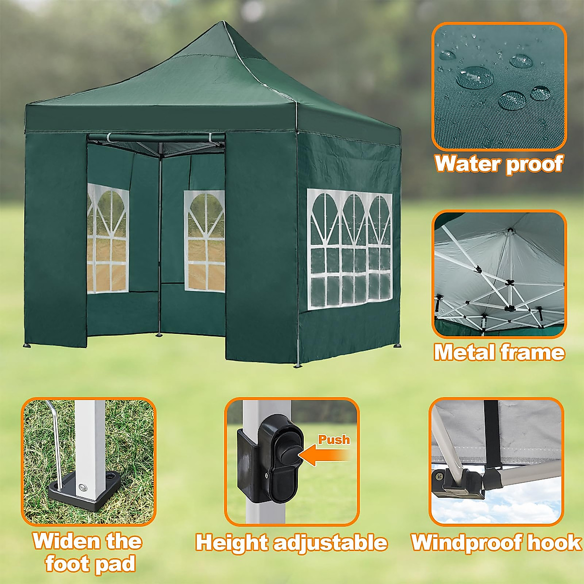 TUKAILAI 10x10ft Pop Up Gazebo, Water-Resistant UV Block Sun Shade Shelter with 4 Sidewalls 1 Door & 9 Windows, Outdoor Instant Canopy Tent for Garden Patio Camping Party Event (Dark Green)