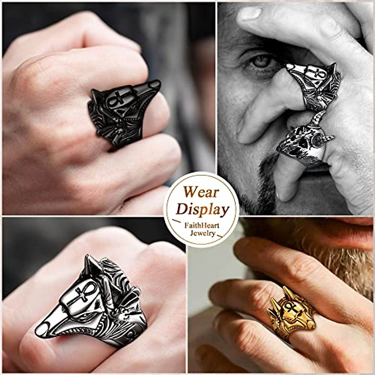 Male Anubis Ring Black Size 8 Stainless Steel Vintage Egyptian Protective Thumb Finger Rings