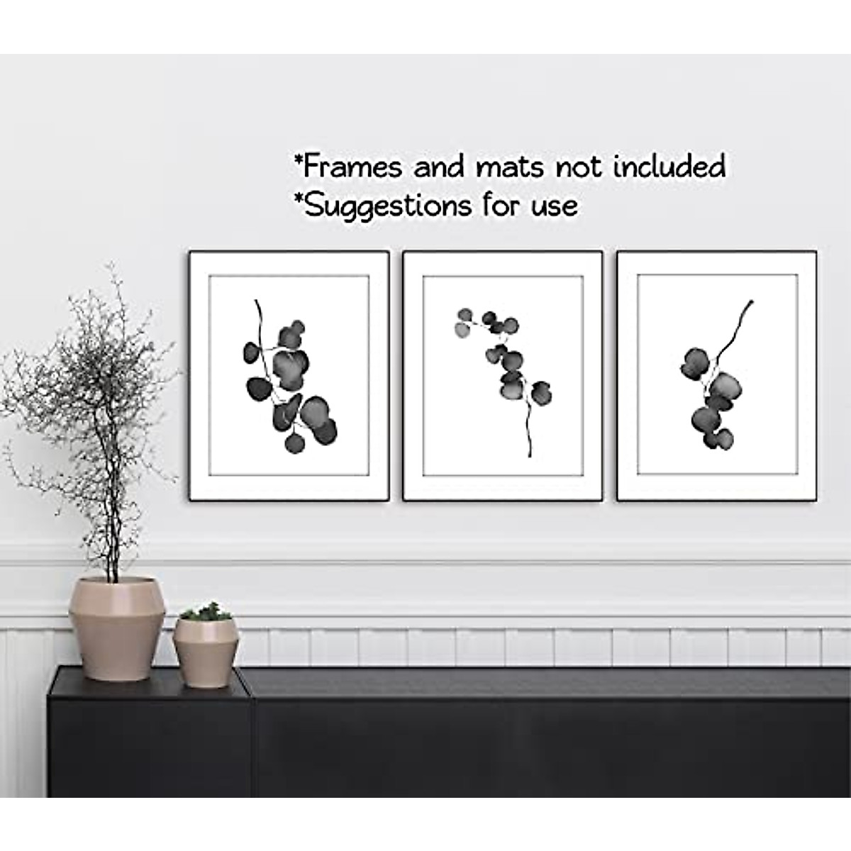 Black And White Wall Art - Eucalyptus Leaves - Botanical Art Prints - Minimalist Pictures - Set of 3-8x10 - Unframed