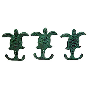 Wowser Green Turtle Cast Iron Wall Mount Coat Hooks, 4 Inch, Set of 3