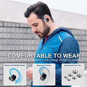 Wireless Earbud, Sport Bluetooth 5.1 Earbud with Earhooks Wireless Earphones in-Ear with Immersive Sound, Bluetooth Headphones IP7 Waterproof, Noise Cancelling, Dual LED Display, 48H Playtime, Blue