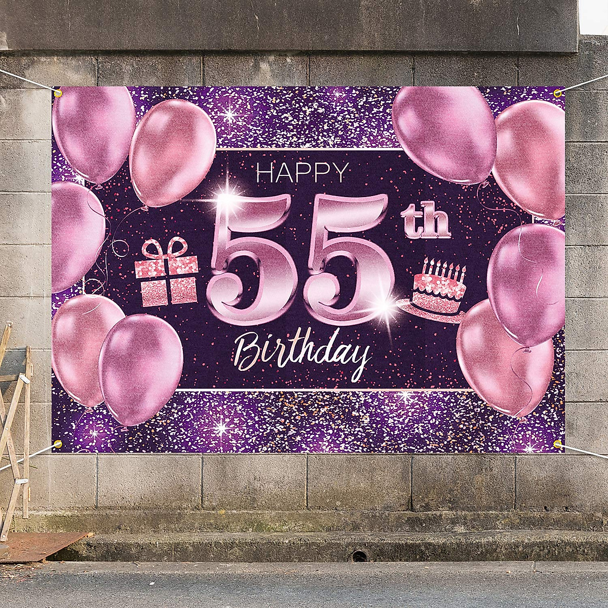 PAKBOOM Happy 55th Birthday Banner Backdrop - 55 Birthday Party Decorations Supplies for Women - Pink Purple Gold 4 x 6ft