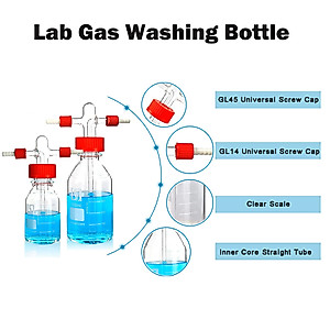 ALWSCI Lab 250 ml Gas Washing Bottle Graduated Lab Buffer Bottle Screw-Cap System with Drechsel-Head with Filter Disc Adjustable Immersion for Chemistry Lab Glassware Kit