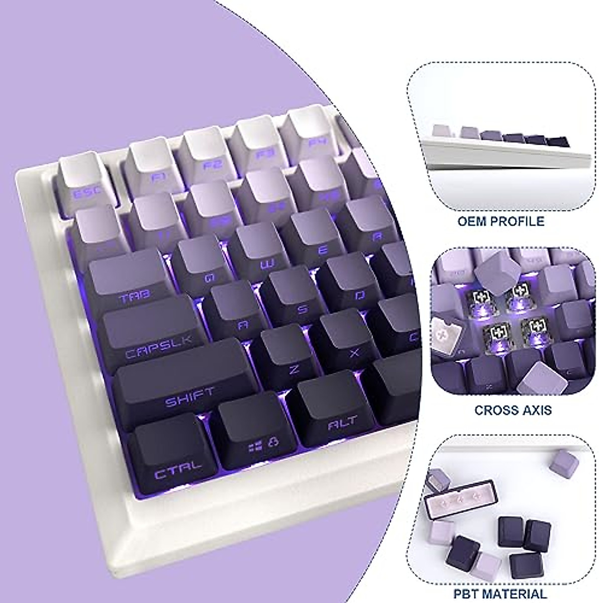 GEKUCAP Custom PBT Keycaps, Gradient Purple Keycaps 134 Keys, Double Shot Side Printed Key Caps, Shine Through Backlit Keycaps Set for 61/87/104/108 Cherry MX Switches Mechanical Keyboard