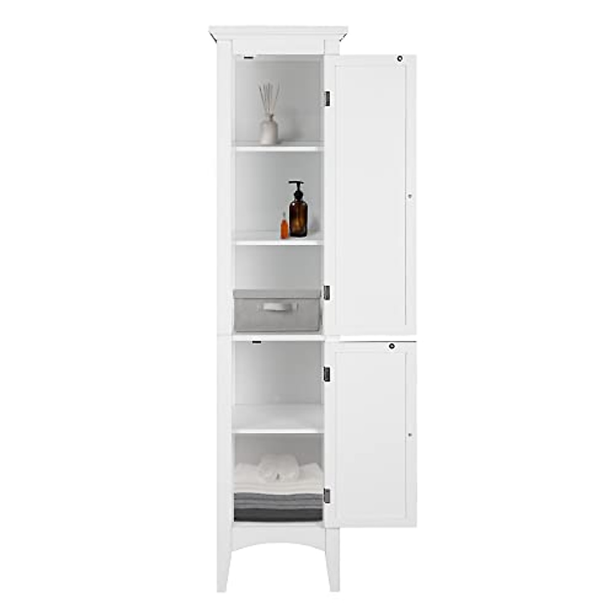 Elegant Home Fashions Glancy Linen Tower Freestanding Cabinet Tall Narrow Bathroom Kitchen Living Room Storage with 2 Shutter Doors 5 Tier Shelves, White, Standard