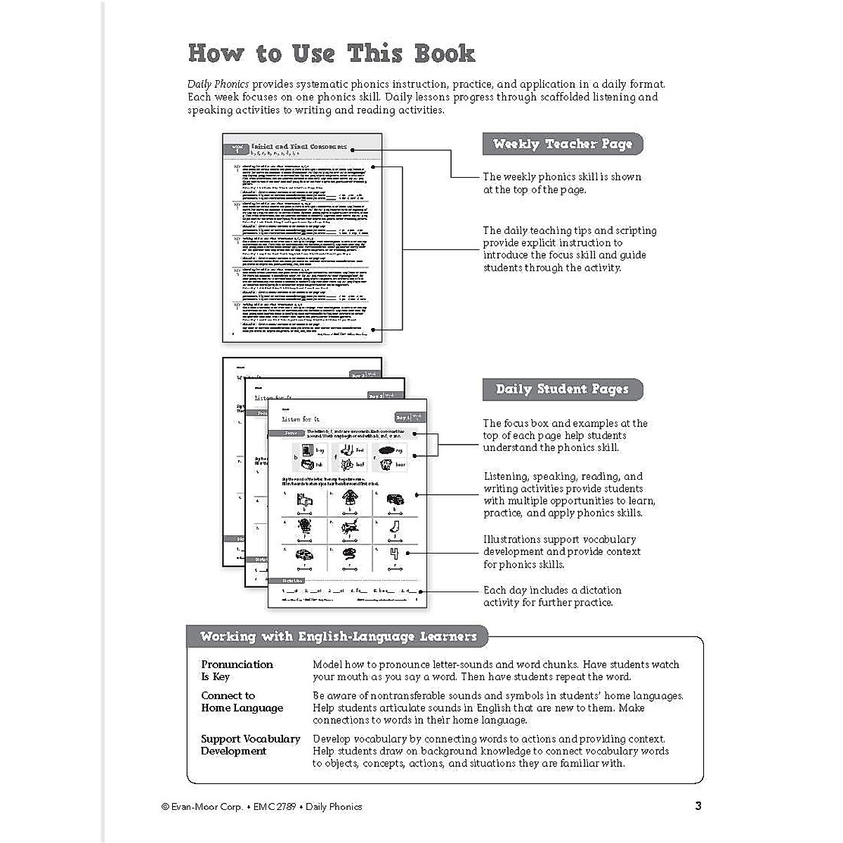 Evan-Moor Daily Phonics, Grade 3, Homeschooling & Classroom Resource Workbook. Phonemic Awareness, Decoding, Word-Study, Teaching Editions, Reproducible Worksheets